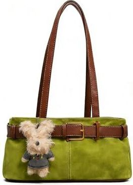 Generic Sac &agrave; bandouli&egrave;re en tissu vert tendance avec breloque ours en peluche - Petit sac &agrave; bandouli&egrave;re vintage en cuir contrast&eacute; pour femme