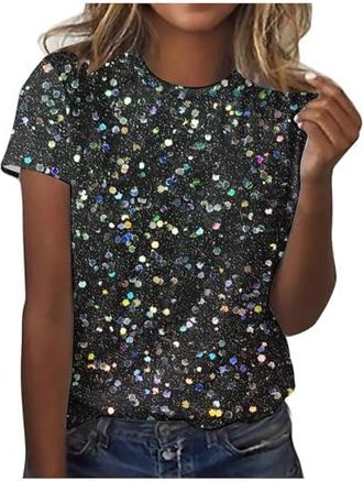 Generic Hauts &agrave; paillettes pour femmes UK pour f&ecirc;te, hauts scintillants pour femmes, T-shirts d&eacute;contract&eacute;s &agrave; col rond, hauts en glitter basiques polyvalents, 