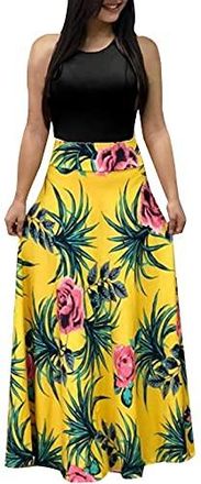 Generic Robe d&eacute;t&eacute; boh&egrave;me sans manches &agrave; imprim&eacute; floral pour femmes, robe trap&egrave;ze d&eacute;contract&eacute;e longue, jaune, S