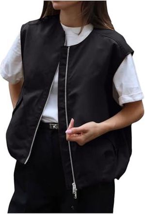 Generic Gilet cargo d&eacute;contract&eacute; &agrave; fermeture &eacute;clair pour femme - Sans manches - Ourlet fronc&eacute; - Avec poches - Gilet bouffant pour femme, Noir, S