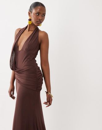 Asos Robe longue &agrave; dos nu et d&eacute;tail drap&eacute;-Marron