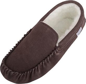 SNUGRUGS Pantoufles mocassins Ronnie en daim pour homme avec semelle en laine et daim, marron foncé, 46 EU