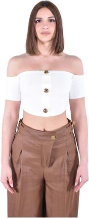 Elisabetta Franchi Femme, Tops, Blanc, Taille: 38 FR Haut Court en Tricot &agrave; Encolure Bateau