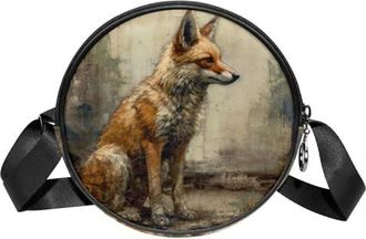 Generic Petit sac &agrave; bandouli&egrave;re rond pour femme, motif renard vintage, avec fermeture &eacute;clair, bretelles r&eacute;glables, sac &agrave; main rond d&eacute;contract&eacute; pour femmes et 