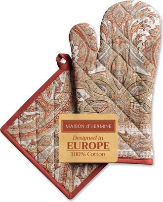Maison d'Hermine Ofenhandschuhe + Topflappen 100% Baumwolle, hitzebeständiger Ofenhandschuh(19cm x 33cm) & Topflappen(20cm x 20cm) zum Kochen, Kashmir Paisley - Ernted