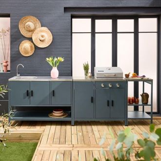 Sweeek Cuisine ext&eacute;rieure Naxos 3 modules acier inoxydable bleu gris avec barbecue gaz 3 br&ucirc;leurs