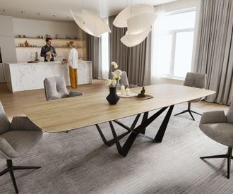 DELIFE Esstisch Edge Boot 240-300x120 cm Keramik Laminam Sabbia Eichefarbig Spider Flachstahl Schwarz ausziehbar, Esstische