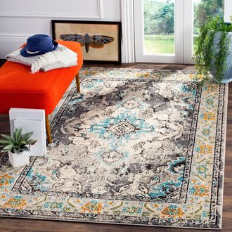 Safavieh Boho Teppich für Wohnzimmer, Esszimmer, Schlafzimmer - Monaco Collection, Kurzer Flor, Grau und Hellblau, 122 X 170 cm