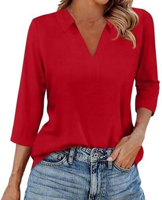 Generic Chemise basique unie à manches longues pour femme - Col en V - Manches 3/4 - Pour le travail dété - Vêtements pour la vie quotidienne - Cadeaux de Noë