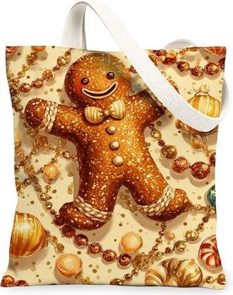 Generic Sacs fourre-tout en toile de pain d&eacute;pices, motif biscuits festifs, sacs de courses r&eacute;utilisables, joyeux, l&eacute;gers et lavables, toile pour pique-nique, 