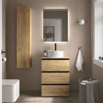 Cygnus Bath Meuble de salle de bain BEQUIA METAL 3C 60cm Ch&ecirc;ne Vasque &agrave; poser Porcelaine Centrale