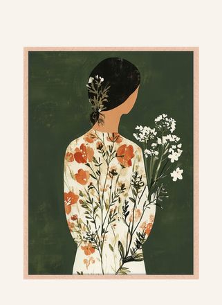 Any Image Any Image Wandbild Gr&uuml;ne Japandi-Blumendame Mit Rahmen braun