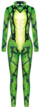 Ocean Plus Femme Halloween Squelette Coloré Imprimé Carnaval Costume Une Pièce Noël Body avec Manches Longues (XL, Python vert vif)
