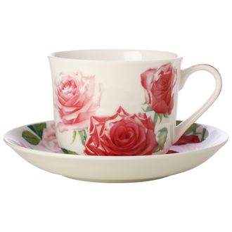 Maxwell & Williams JY0032 Tasse mit Untertasse 480 ml - Serie Floriade - Wei&szlig; Bone China Porzellan in Geschenkbox - Rose