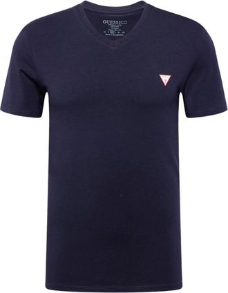 Guess Homme, Tops, Bleu, Taille: 2XL T-Shirt bleu &agrave; col en V avec logo imprim&eacute;