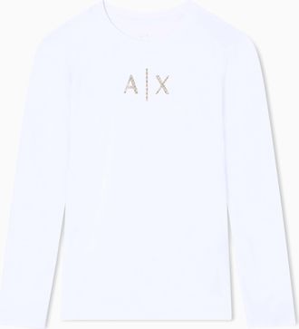 A|X Armani Exchange Womens Long Sleeve Front Strass Logo Slim fit, Shirt, White, XS