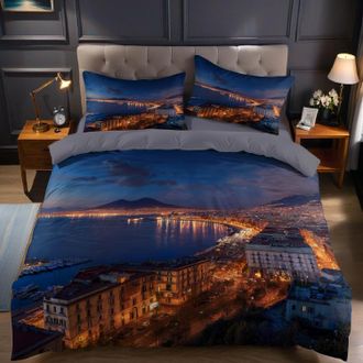 Generic Bettw&auml;sche 200x220 Italien Bettw&auml;sche-Sets Nachtansicht Der Stadt Bettbezug Kuschelig Weich Mikrofaser 3D Druck Bettbez&uuml;ge mit Rei&szlig;verschluss + 2 Kiss