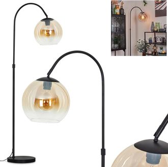 HOFSTEIN Stehleuchte Koyoto, Stehlampe aus Metall/Glas in Schwarz/Bernstein/Klar, Leuchte im Retro/Vintage/Industrial-Design mit Schirm aus Glas (Ø 25 cm) u. F