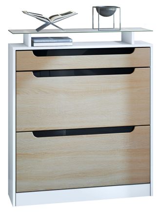 Vladon Schuhschrank Fiesta, Wei&szlig; matt/Eiche s&auml;gerau/Schwarz Hochglanz Schuhkipper f&uuml;r 16 Paar Schuhe mit 2 Klappen (89 x 104 x 23 cm)