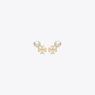 Tory Burch Damen Moondance Logo and Pearl Stud Earrings