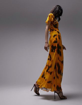 Topshop Bunt gemustertes Maxikleid f&uuml;r besondere Anl&auml;sse mit V-Ausschnitt und Flatter&auml;rmeln