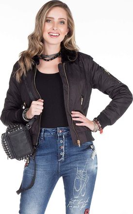 Cipo & Baxx Damen Jacke WJ141 Schwarz - Klassische Bomberjacke im Casual Streetwear Look mit Rei&szlig;verschluss & Fellkragen - Stylische &Uuml;bergangsjacke f&uuml;r Alltag & F