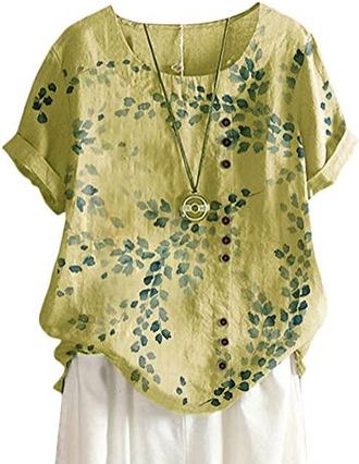 ORANDESIGNE Femme Chemise Lin Tunique Manches Courte Casual Couleur Unie Boutonné Col Rond Blouse en Lin Tops Haut à Fleurs E Jaune 3XL