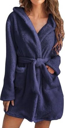 Generic Peignoir court &agrave; capuche en polaire pour femme - Peignoir en flanelle pelucheuse avec ceinture et poches, v&ecirc;tement dint&eacute;rieur surdimensionn&eacute; et chaud 