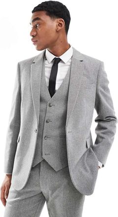 Asos Zweireihige, schmal geschnittene Anzugjacke mit Wollanteil mit Gerstenkornbindung in Grau