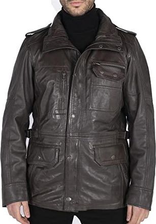 TruClothing Veste pour Homme Manteau Parka Longueur 3/4 Cuir véritable Coupe ajustée Style Militaire - Marron M