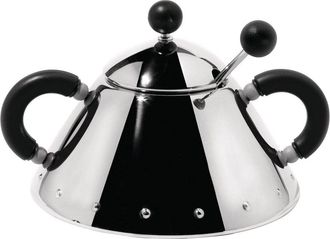 Alessi Zuckerdose mit Löffel aus Edelstahl, Griffen und Knopf aus PA, schwarz, Silber, 35.5 x 10.5 x 18.5 cm