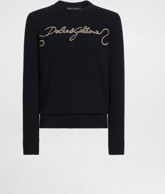Dolce & Gabbana Pullover Aus Glatt Gestrickter Wolle Mit Stickerei - Mann Strickwaren Blau 52