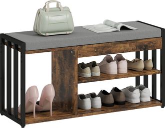 HOMCOM Schuhbank, Moderne Schuhaufbewahrungsbank mit Kissen und Regalen, Schuhregal Bank f&uuml;r Eingang, Flur, Rustikal Braun