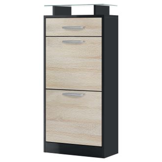 Vladon Schuhschrank Loret V2, Schuhkipper f&uuml;r 8 Paar Schuhe mit 2 Klappen, 1 Schublade und Glasablage, Schwarz matt/Eiche S&auml;gegrau (46 x 104 x 23 cm)