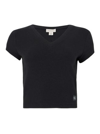 Calvin Klein Damen T-Shirt Kurzarm Woven Label Rib Tee mit V-Ausschnitt, Schwarz (Black), S
