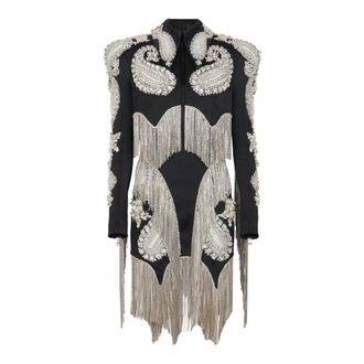Balmain LS Besticktes Kleid mit Kristallfransen - - Dresses - Damen - Schwarzk - XS