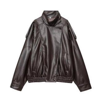 Generic Veste ample en cuir synth&eacute;tique pour femme, col montant et fermeture &eacute;clair, manches longues, automne et hiver, marron, XS