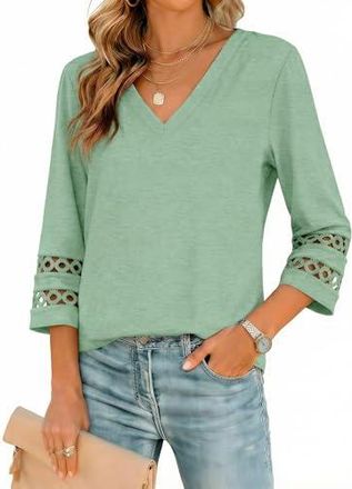 Zeagoo Chemisier &agrave; manches 3/4 pour femme - Col en V - D&eacute;contract&eacute; - Broderie perfor&eacute;e - Haut d&eacute;t&eacute; - &Agrave; oeillets - Tailles S &agrave; XXL, vert clair, M