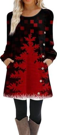 Generic Robe Noel Femme Chic et Elegante Robe Pull Casual Imprim&eacute; No&euml;l Col Rond Manches Longues Robe de No&euml;l Femme Swing Pliss&eacute; A-Line avec Poches,f1080y,Wate