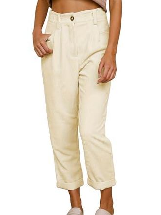 Generic Pantalon en velours c&ocirc;tel&eacute; d&eacute;contract&eacute; pour femme - Taille haute - Coupe droite - Coupe droite - D&eacute;contract&eacute; et confortable - Pantalon avec poches, bl