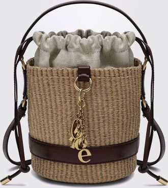Chlo&eacute; Mini-Beuteltasche aus Raffia und Kalbsleder mit metallischem Logo