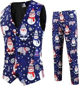 Generic Costume de Noël imprimé Père Noël pour homme - Gilet avec pantalon - Coupe droite - Pour Noël, fête, performance - Veste de loisirs, Marine, XL