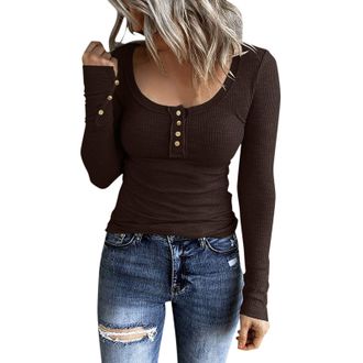 Generic Henley T Shirt Damen Langarm Strickpullover U-Ausschnitt Button Down Langarmshirt Pullover Basic Tee Große Größen Gestricktes T Shirt Sweater Pulli Ob
