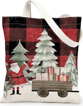 Generic Sac fourre-tout en toile motif sapin de No&euml;l, vintage, rustique, sac &agrave; provisions r&eacute;utilisable, l&eacute;ger et lavable, Rouge, 13x15 Inch