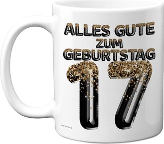 Stuff4 17. Geburtstagsgeschenke - Schwarz Gold Glitzerballons Tasse - Geburtstag Tasse f&uuml;r Jungs und M&auml;dchen, 325 ml Premium-Keramiktasse, Sp&uuml;lmaschinenfest