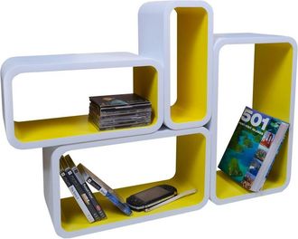 Cube Verstärkte Vielen Farben MDF Retro Design 4er Set Regal Regale Wandregal Deko Würfel CD DVD Lounge LO01 (Weiß/Gelb)
