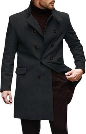 Generic Trench coat homme long crois&eacute;, caban court dhiver, veste chaude &agrave; revers crant&eacute;, noir, taille XL