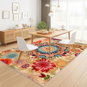 Generic Multicolore Lavable en Machine Tapis Salon Fleurs et Feuilles peintes &agrave; la Main Naturelles, 160 x 230 cm Doux Tapis de Sol Pelucheux Dessous Antid&eacute;rap