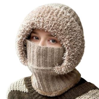 Generic Bonnet 3 en 1 pour femme avec doublure en polaire coupe-vent chaud tricot&eacute; - Cagoule dhiver - Masque de ski - Cache-cou pour temps froid, kaki, Taille