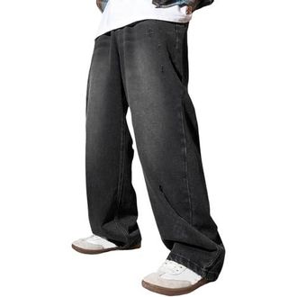 Generic Jean Homme Jeans Homme Week-End/Voyage Pantalon en Jean Lavage Ancien Broderie Semi &Eacute;lastique - Texture Loose, Coupe Droite, Style Vintage D&eacute;contract&eacute;